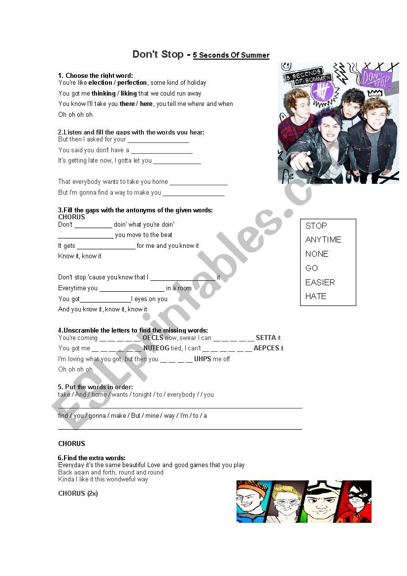 DON´T STOP - 5 Seconds of Summer - ESL worksheet by zang