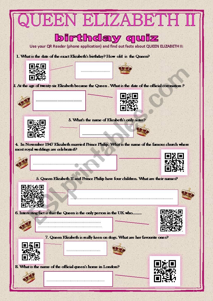 Queen´s Birthday with QR Codes - ESL worksheet by anusiarybek