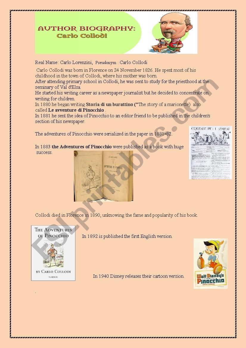 Carlo Collodi,Pinocchio´s author - ESL worksheet by mrivera8