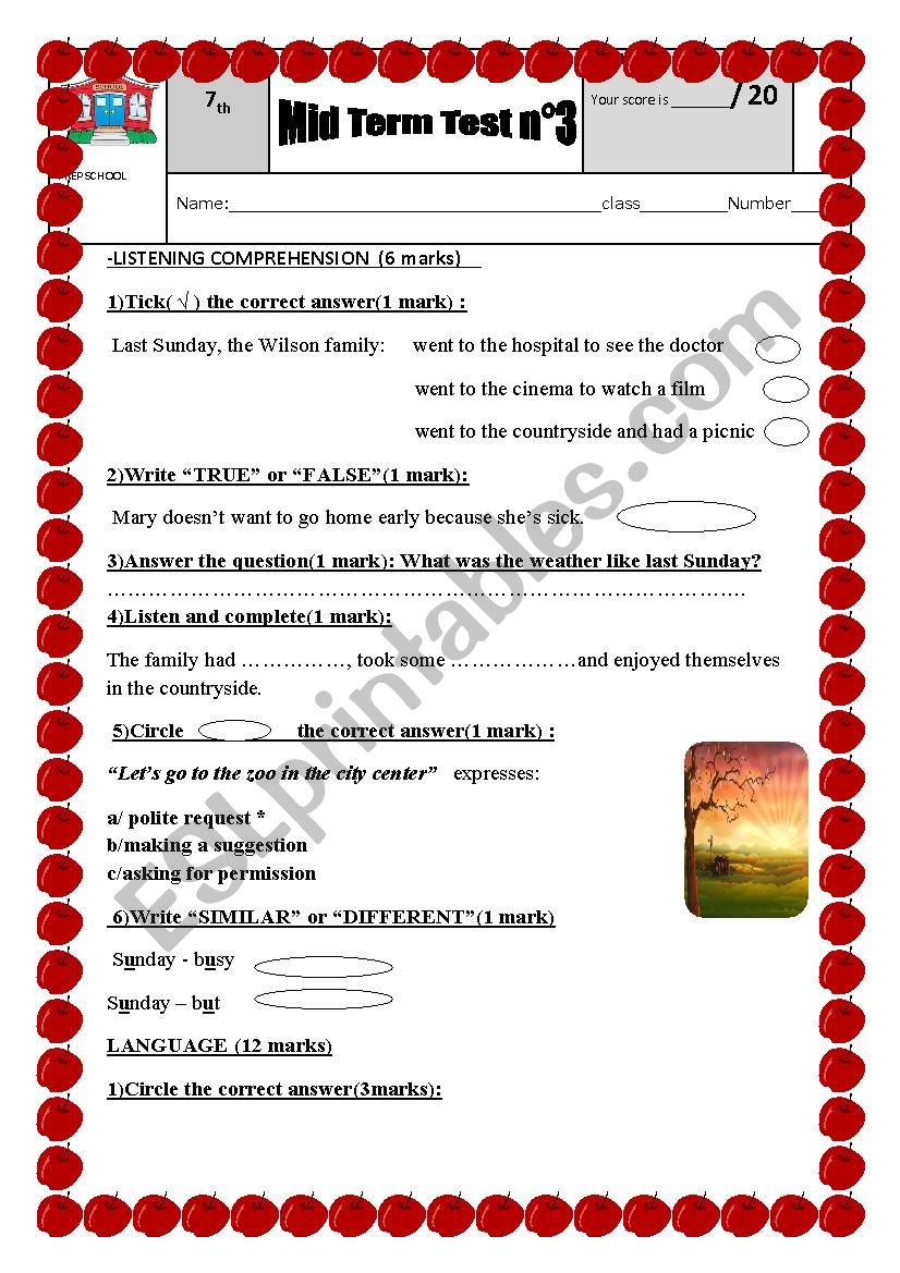 Mid term test n°3 for the 7th forms - ESL worksheet by toutazou