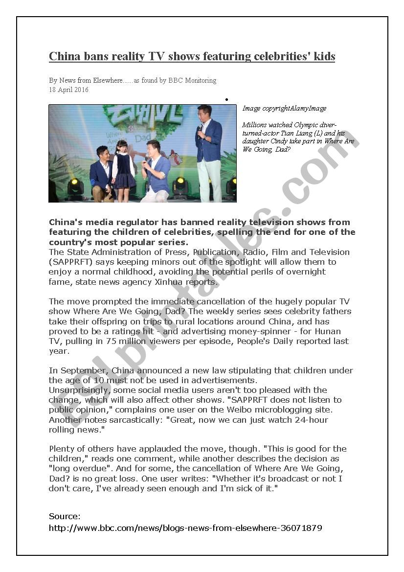 Reading comprehension: China bans celebrities´ children from appearing ...