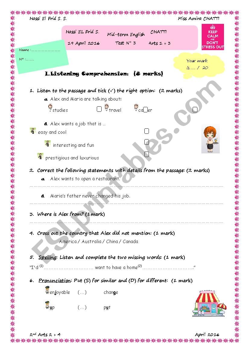Mid-term English Test N° 3 Arts 1/3 - ESL worksheet by miramelomane