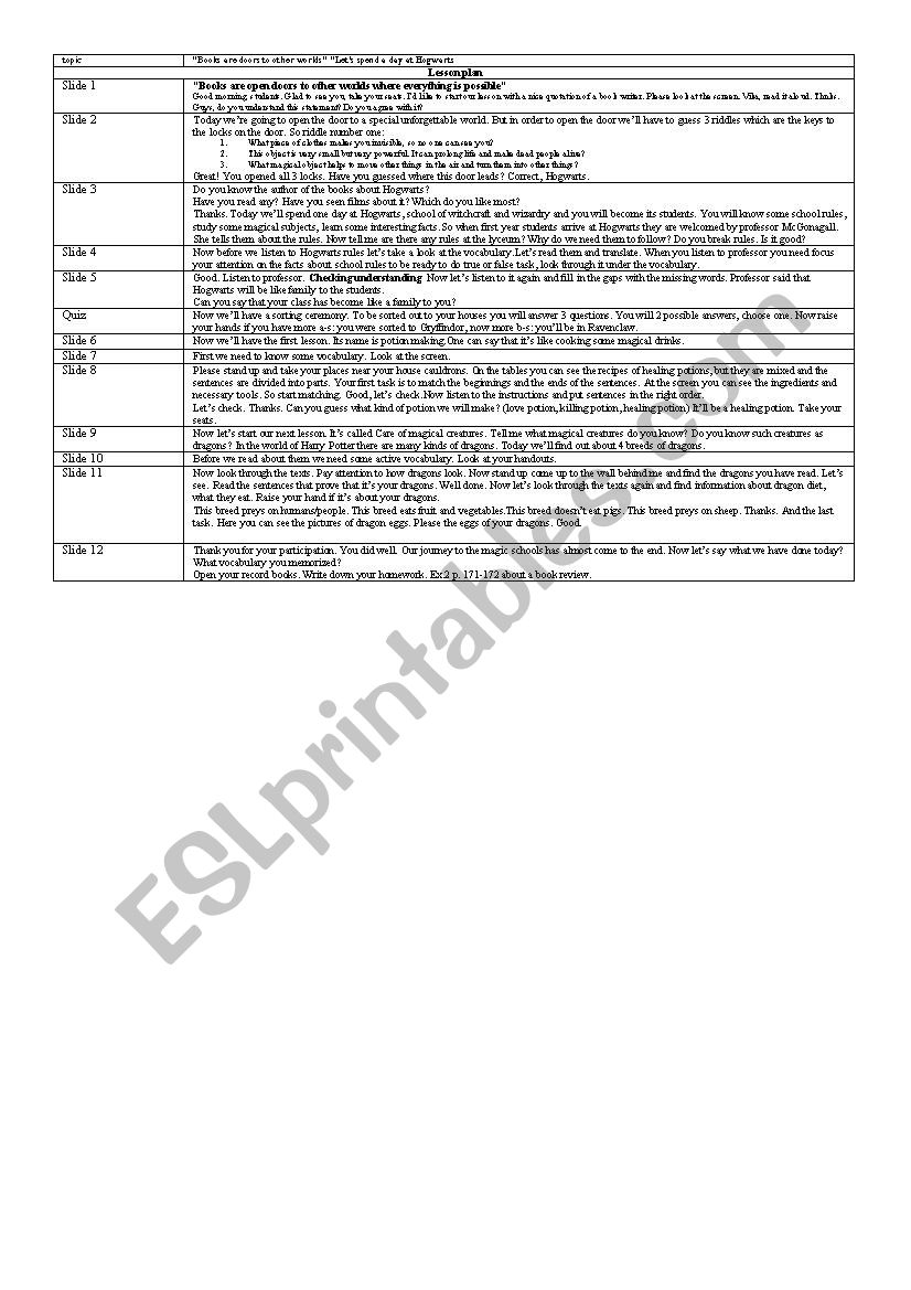 Let´s spend a day at Hogwarts lesson plan with tasks - ESL worksheet by ...