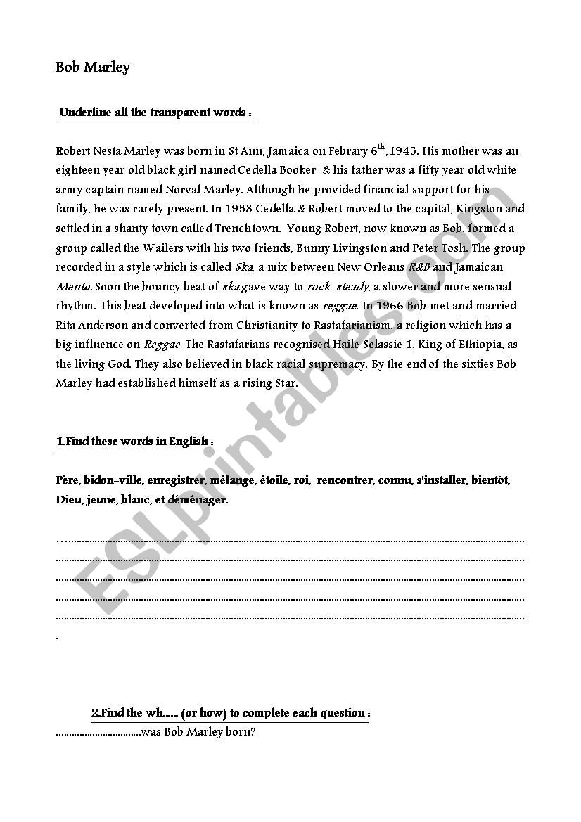 Bob Marley´s life - ESL worksheet by Stasia06