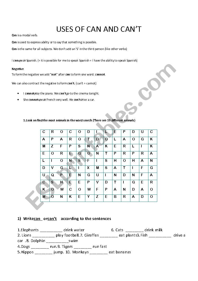 uses of can and can´t - ESL worksheet by karincito