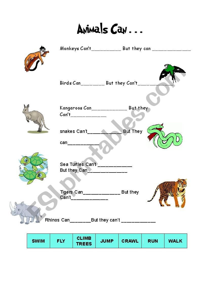 ANIMALS CAN, CAN´T - ESL worksheet by Kelly Diaz