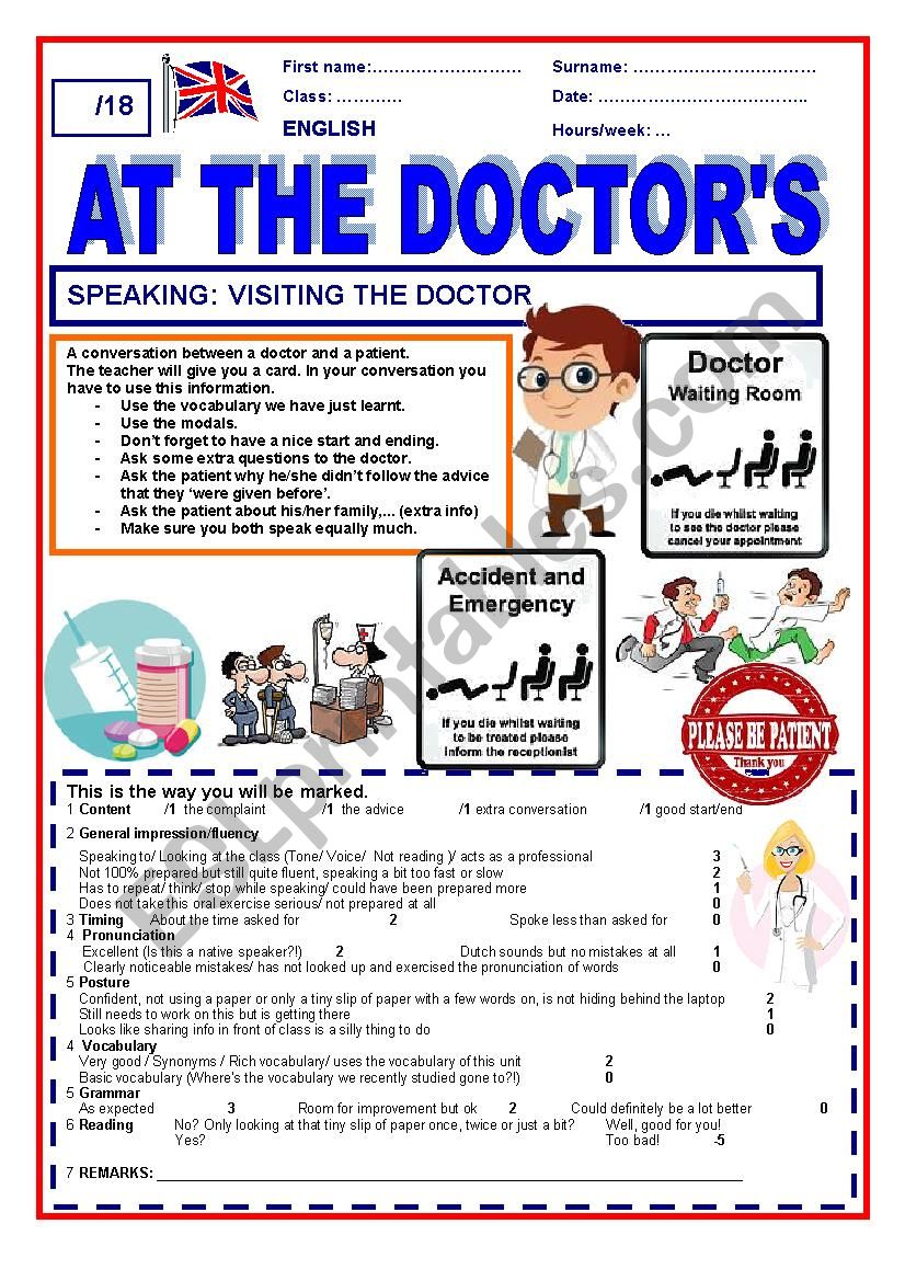Speaking skill At the doctor´s - ESL worksheet by sea camel