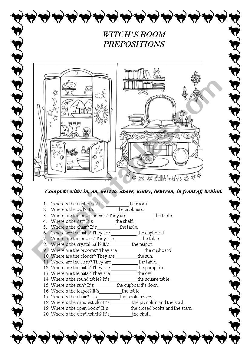 Prepositions. A witch´s room - ESL worksheet by goodwinsplinters