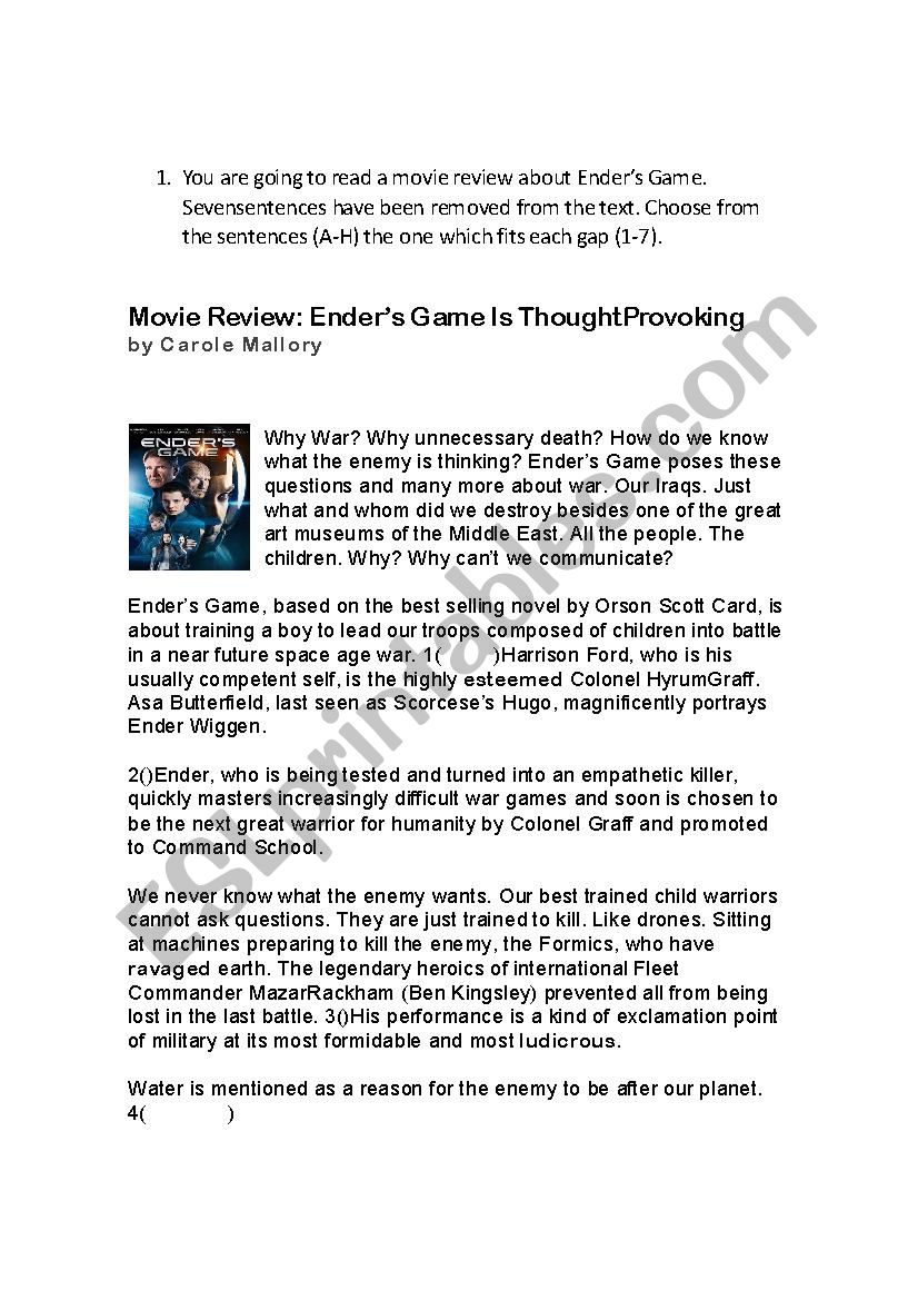 Movie Activity - EnderÂ´s Game - ESL worksheet by karlinhaads