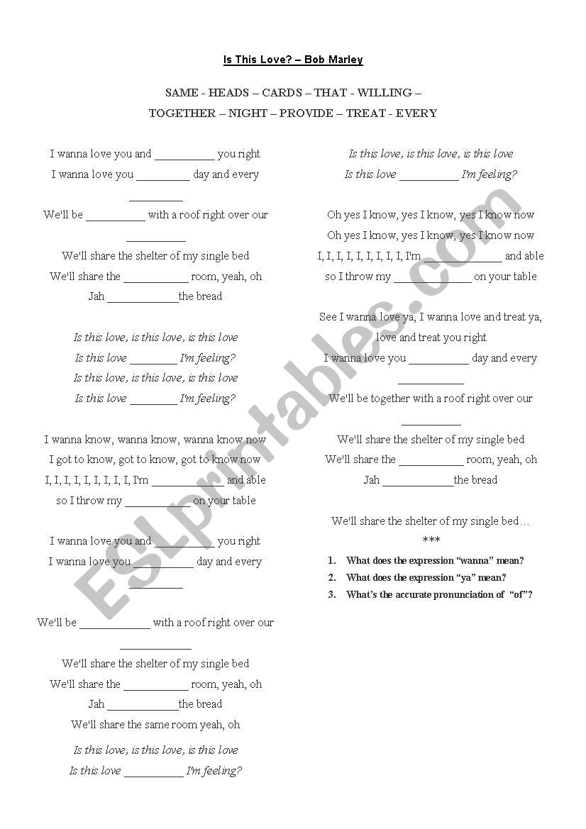 Bob Marley´s song "Is this love?" - ESL worksheet by rleo