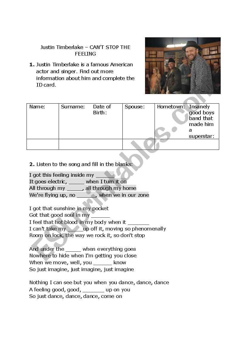 Justin Timberlake - CAN´T STOP THE FEELING! - ESL worksheet by MSiopa