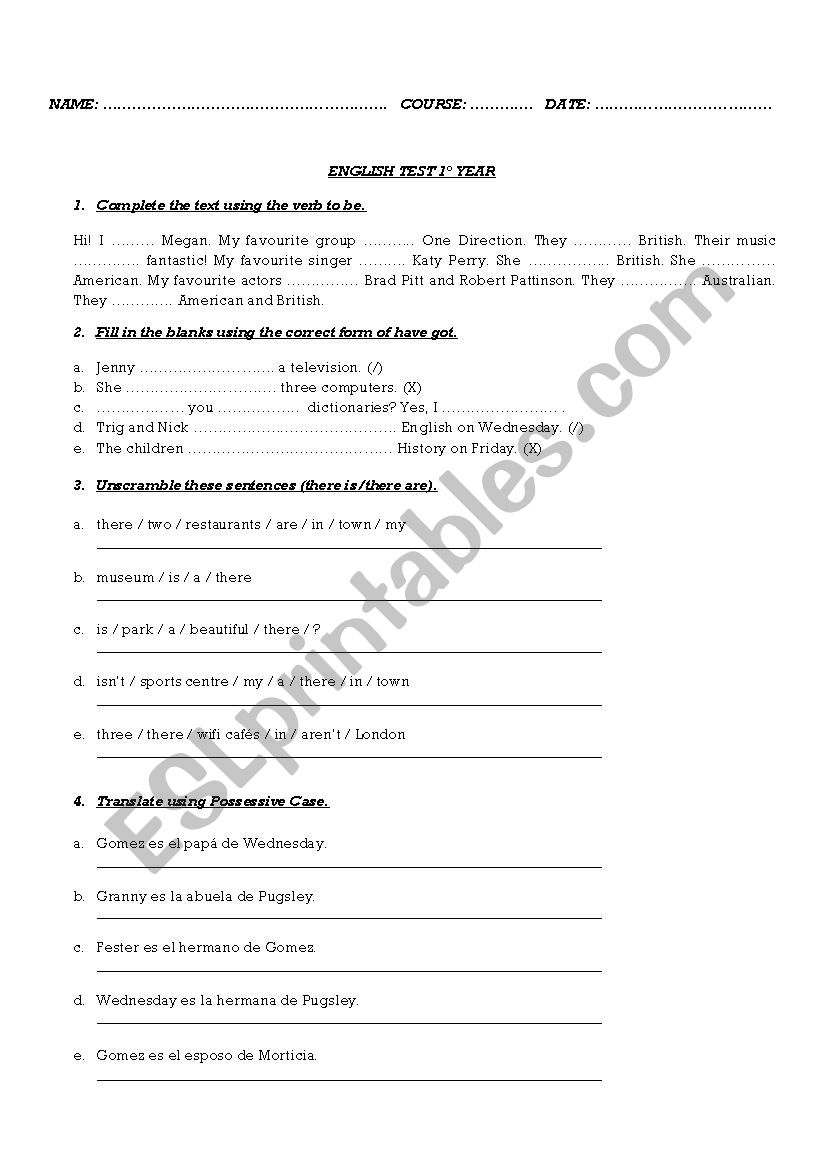 English Test 1st Year - ESL worksheet by SamyTeacher04