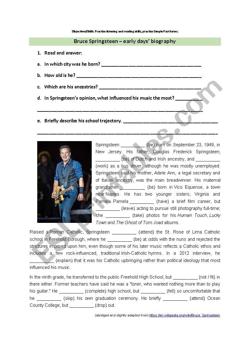 Bruce Springsteen - early days´ biography; Simple Past - ESL worksheet ...