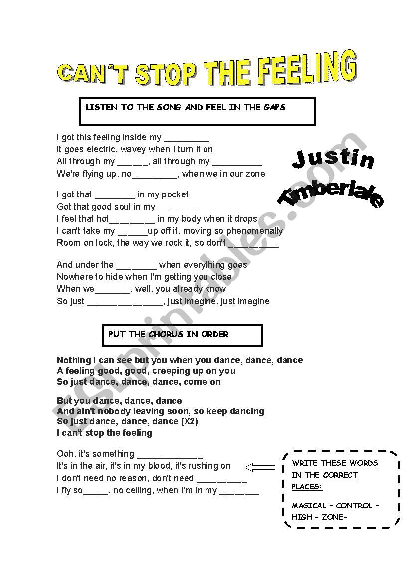 song:Can´t stop the feeling (Justin Tiberlake) worksheet - ESL ...