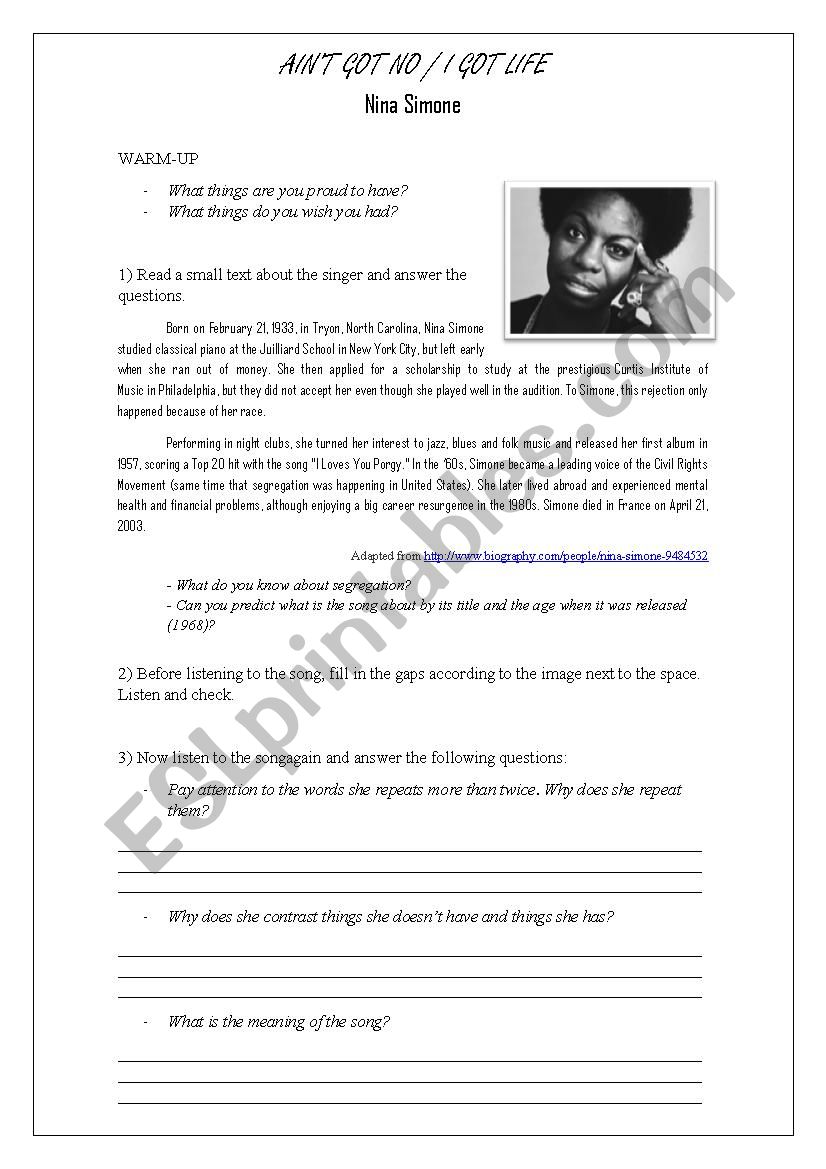 Nina Simone - Ain´t got no/I got life - ESL worksheet by JuCassiano