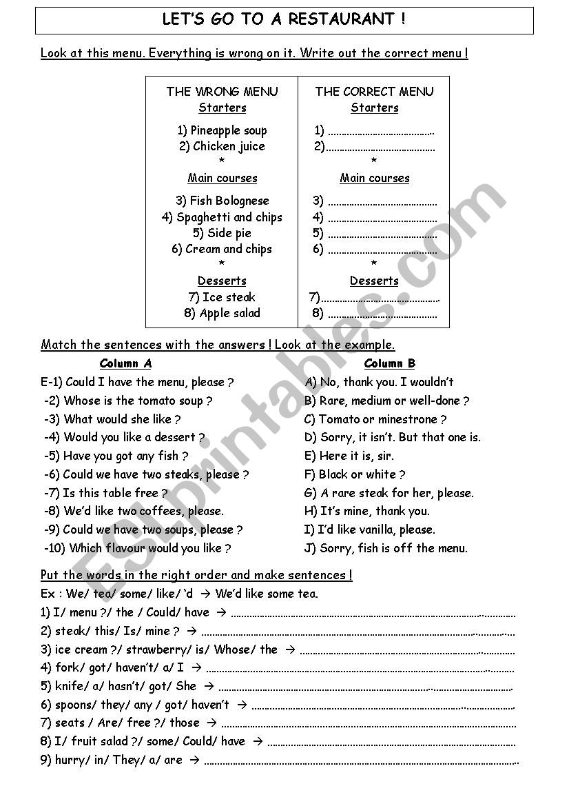 Let´s go to a restaurant - ESL worksheet by delph