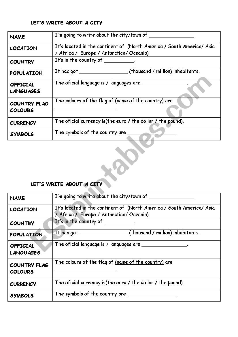 Let´s write about a town or city - ESL worksheet by johnnoel