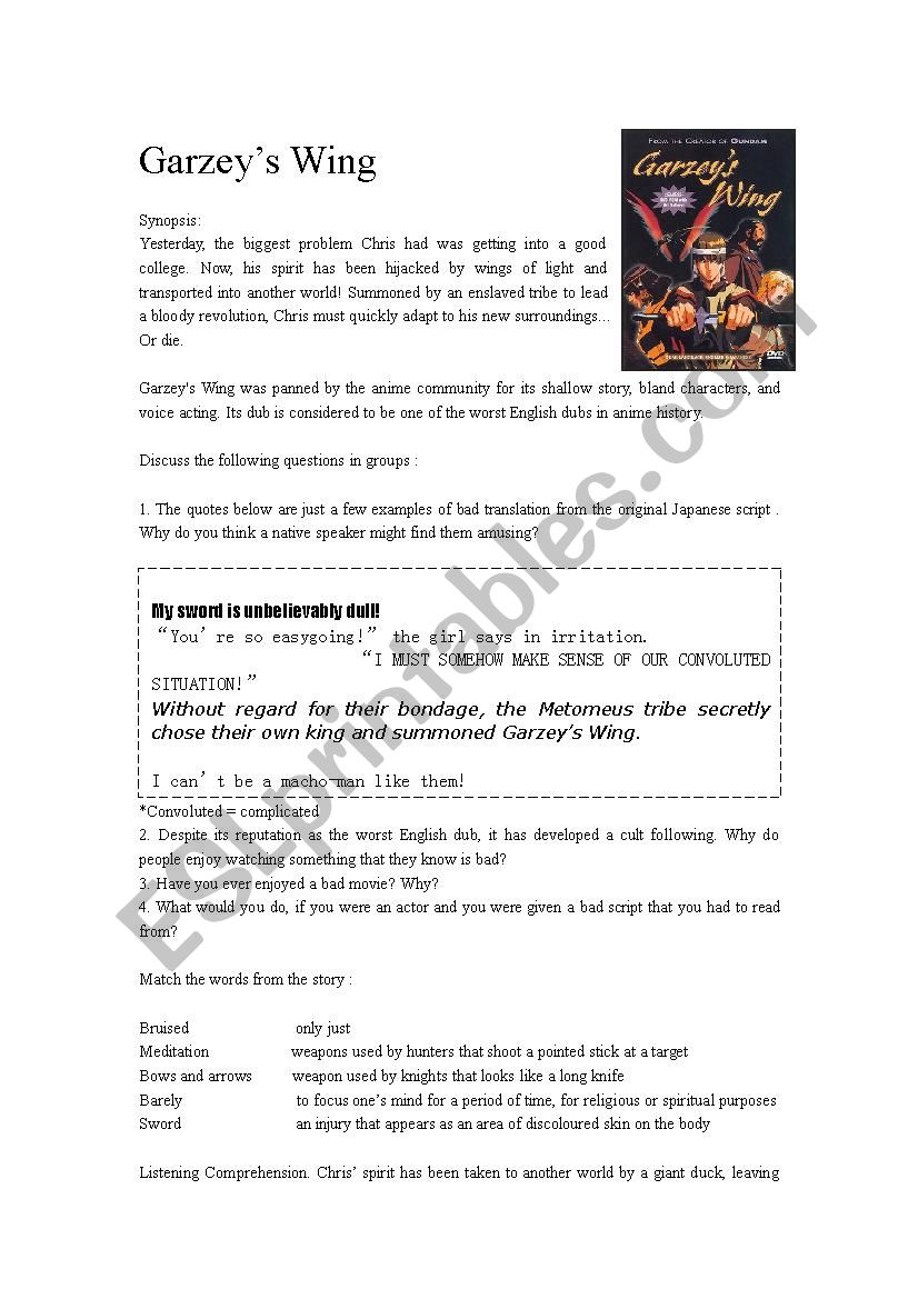 Garzey´s wing anime listening comprehension - ESL worksheet by smithowain