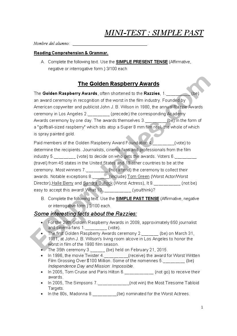 Mini-test ´ Simple Past - ESL worksheet by solban82