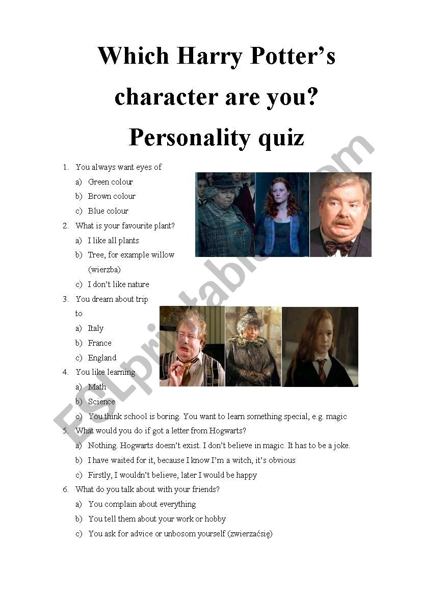 Which Harry Potter’s character are you? Personality quiz 13 - ESL ...