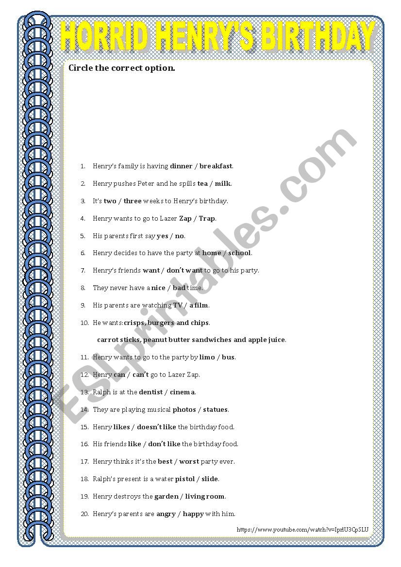 Horrid Henry´s Birthday - ESL worksheet by Susy M.