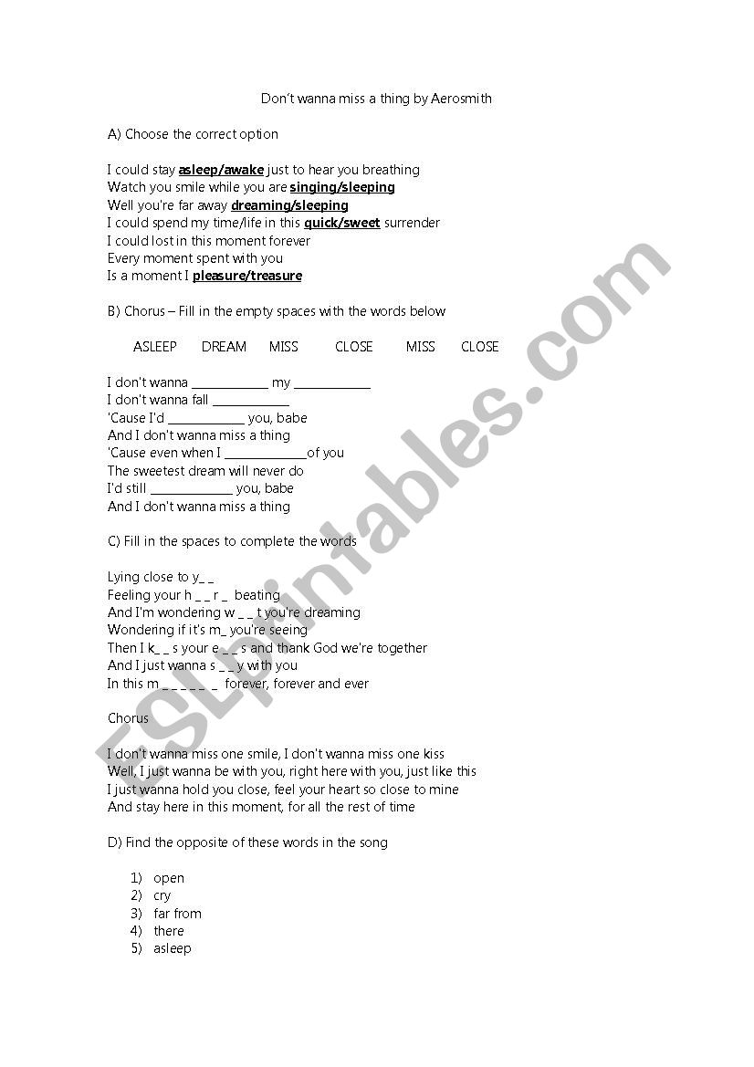 Don´t wanna miss a thing - ESL worksheet by solrizzo