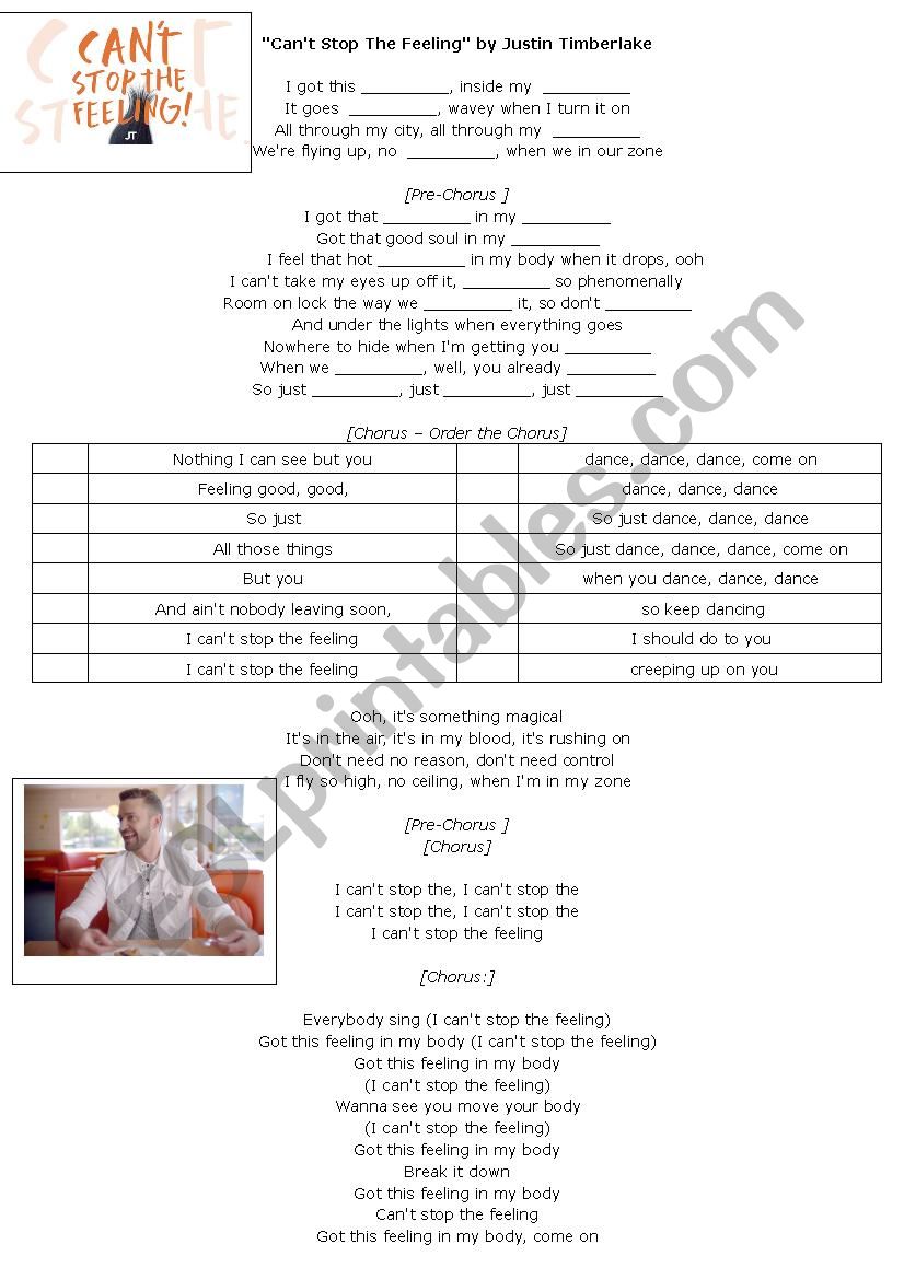 Justin timberlake - Can´t stop this feeling - ESL worksheet by popera_flor