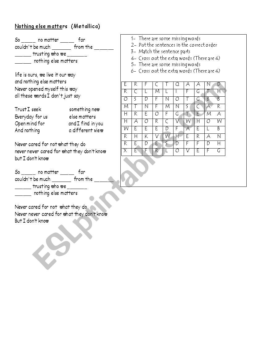 Song: Nothing else matters - ESL worksheet by ticherguille Song: Nothing else matters - ESL worksheet by ticherguille