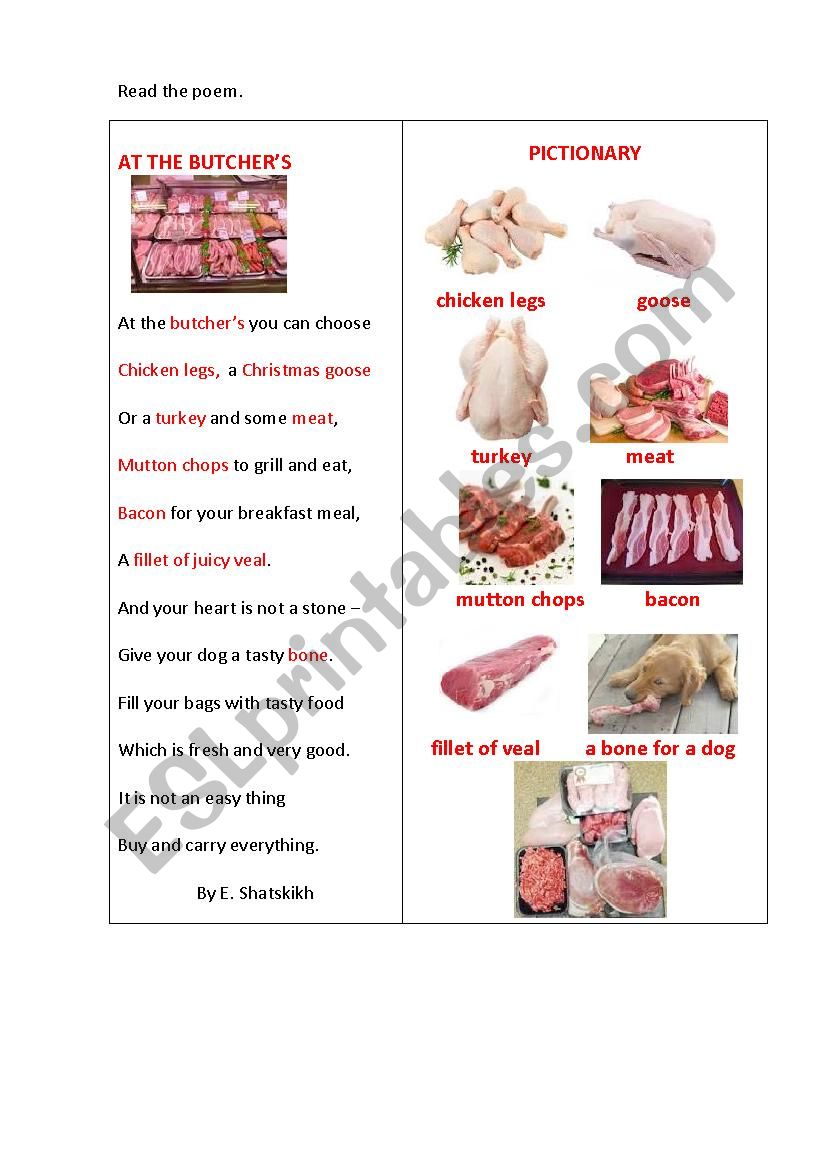 BUTCHER´S (a poem) - ESL worksheet by korova-daisy