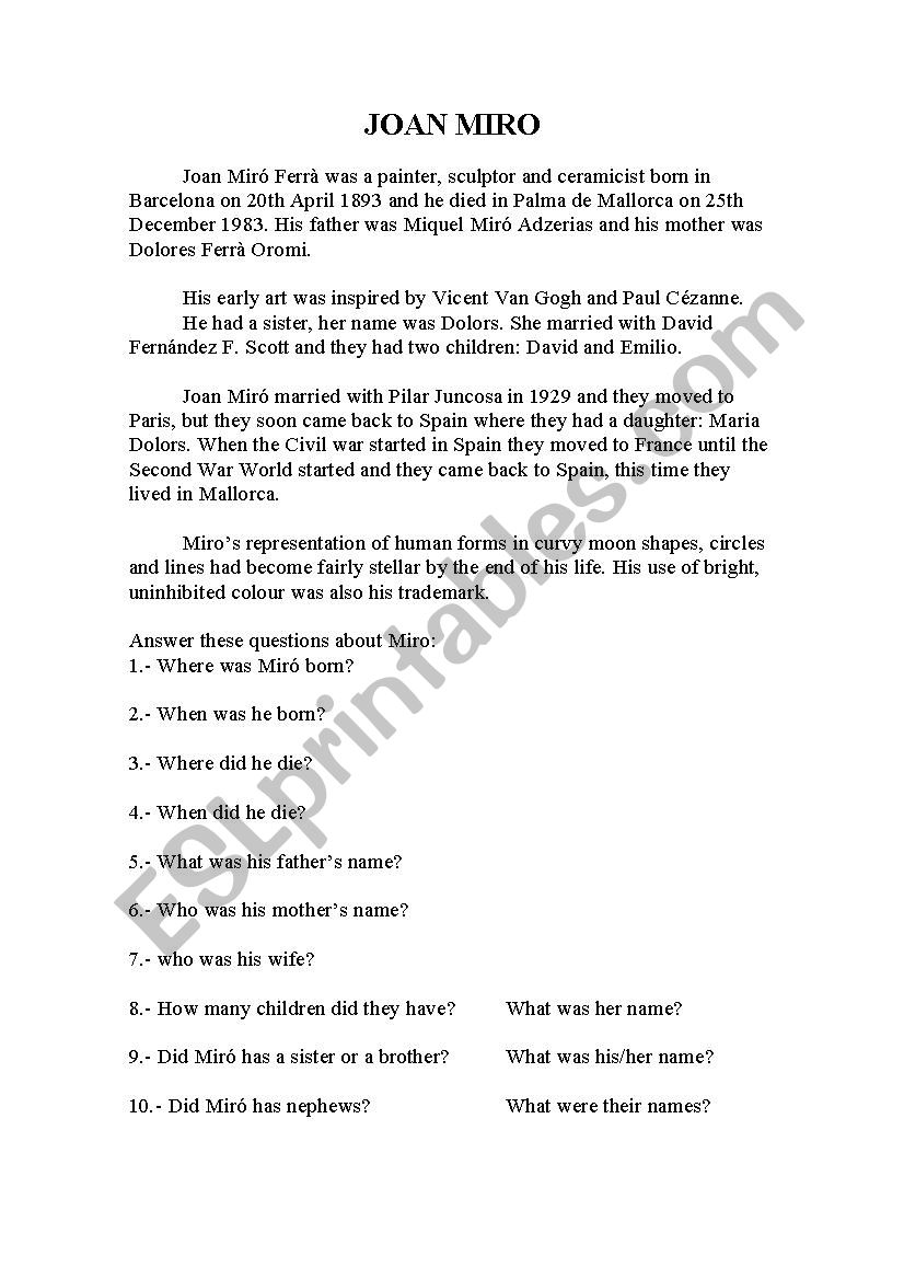 Joan Miró reading - ESL worksheet by sonamar