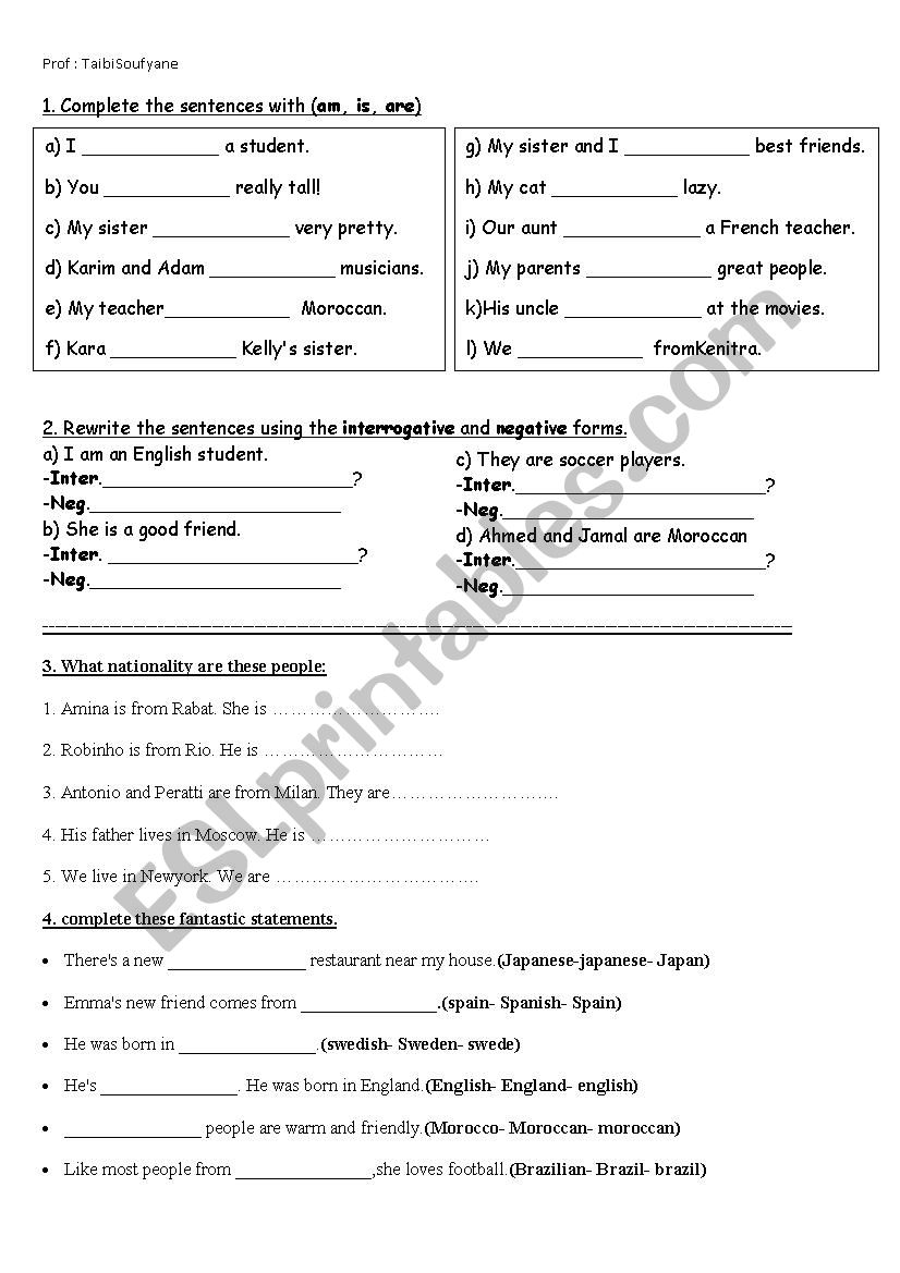 verb ´be´ practice with Nationalities - ESL worksheet by soufyane.ta