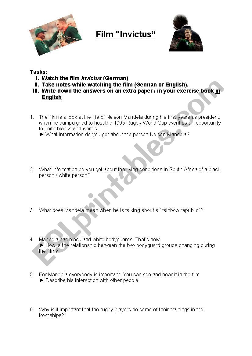 Film "Invictus“ - ESL worksheet by LiTTleGreTTel
