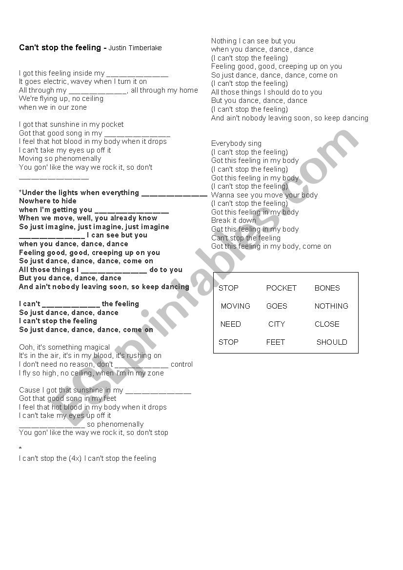 Can´t stop the feeling Justin Timberlake - ESL worksheet by Vivi Junqueira