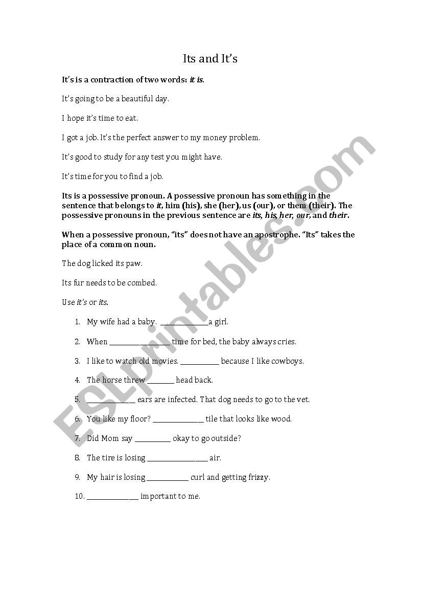 It´s and Its - ESL worksheet by thingseternal