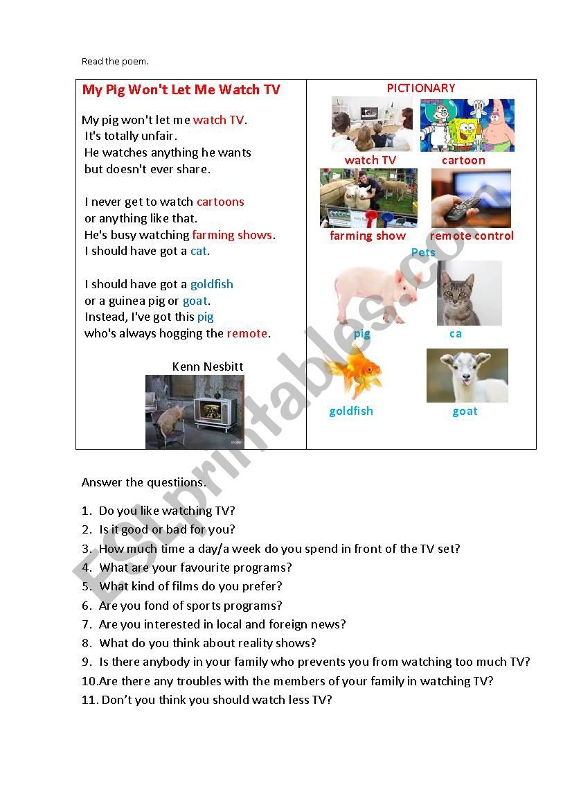 MY PIG WON´T LET ME WATCH TV (a poem + questions) - ESL worksheet by ...