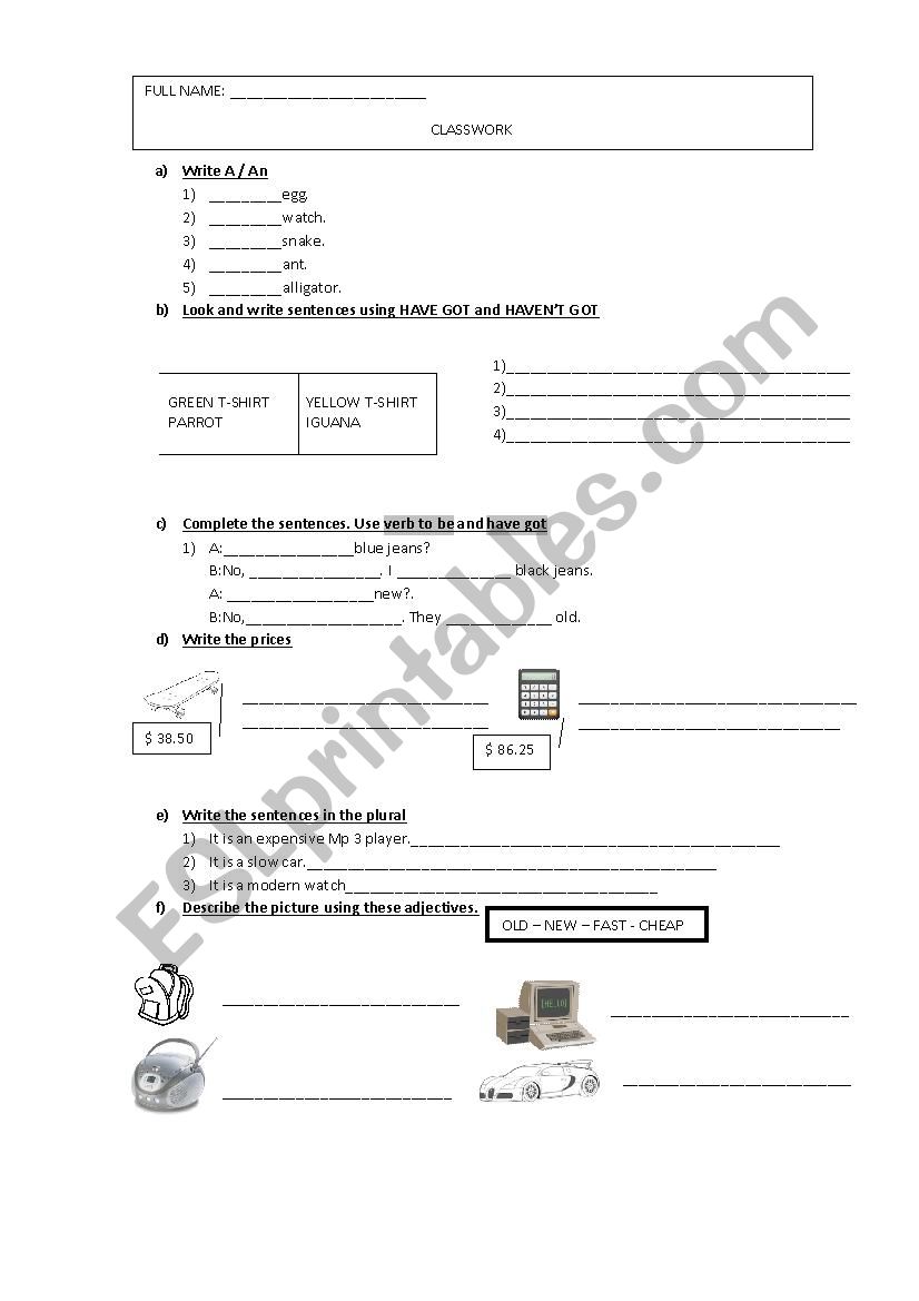 review: use of a/a ,verb to be´, have got, plural and singular nouns ...