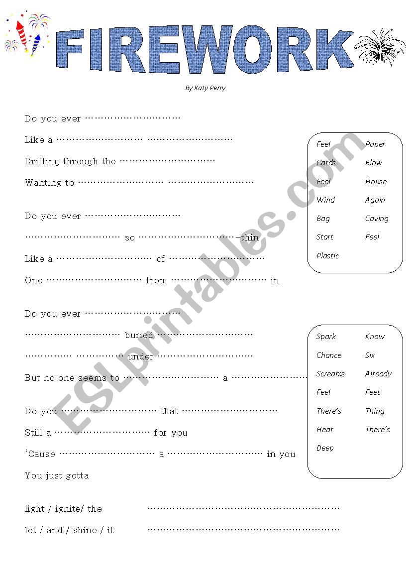 ´FIREWORK´ by Katy Perry - ESL worksheet by missteach106
