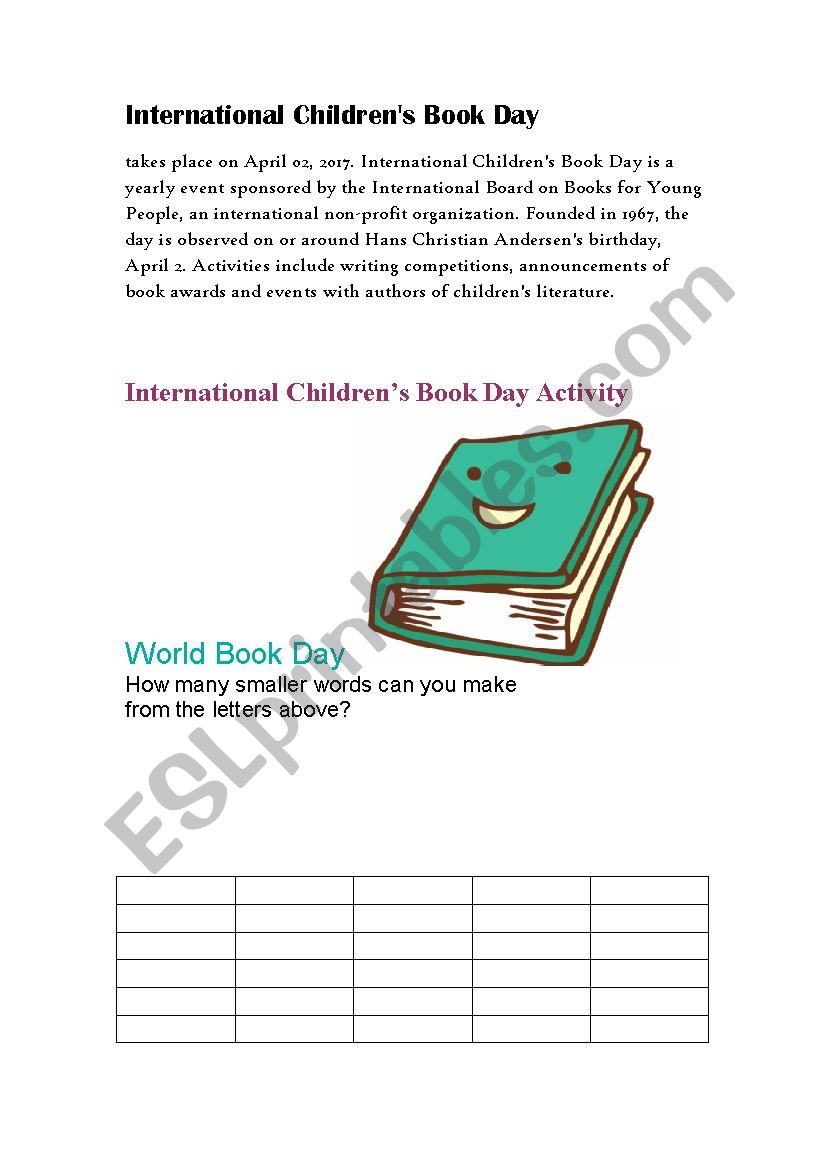 International childrenÂ´s book Day - ESL worksheet by jenkras