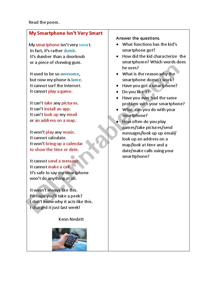 MY SMARTPHONE ISN´T VEERY SMART (a poem + questions) - ESL worksheet by ...