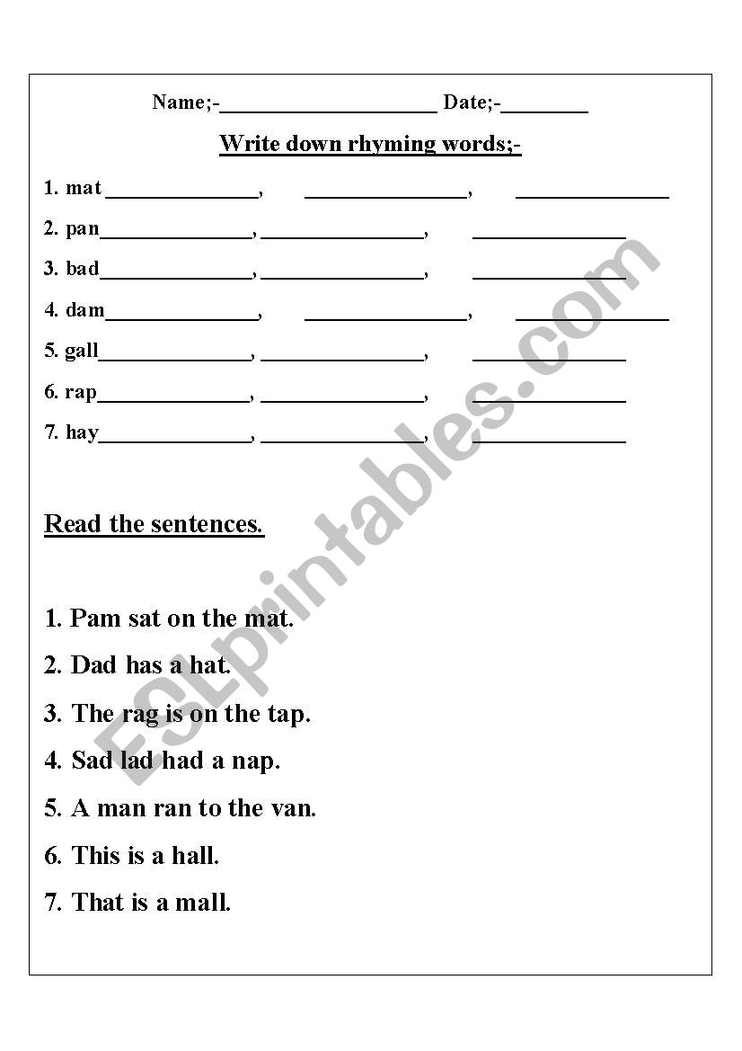 Write rhyming words and reading sentences - ESL worksheet by udgamschool Write rhyming words and reading sentences - ESL worksheet by udgamschool