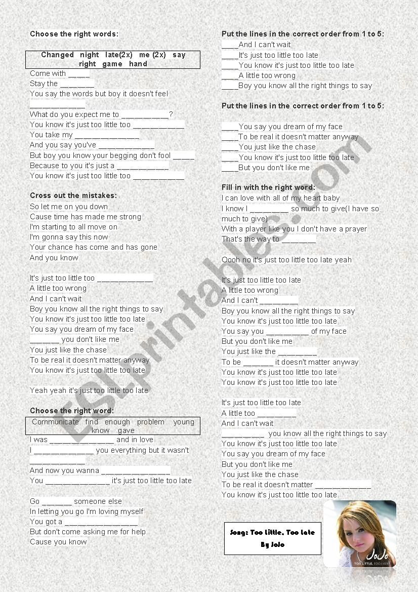 Too Little Too Late - ESL worksheet by lidicanta