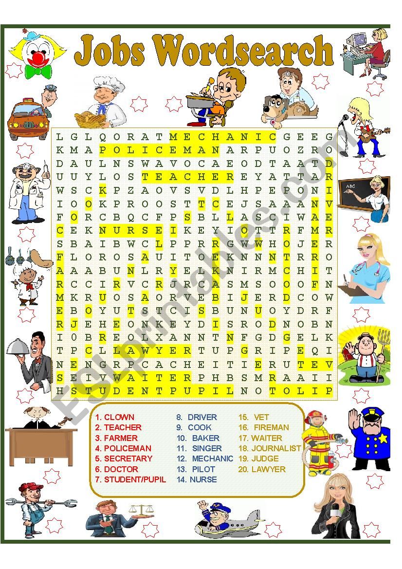 Jobs And Professions Wordsearch Worksheet Free Esl Word Search: