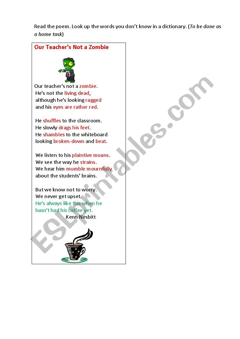 OUR TEACHER´S NOT A ZOMBIE (a poem+ a grammar task) - ESL worksheet by ...