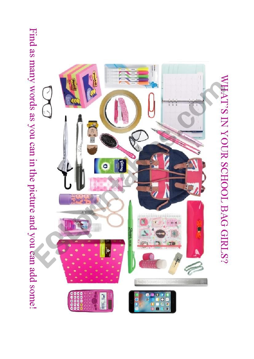 What´s in your school bag girls ? - ESL worksheet by lami57