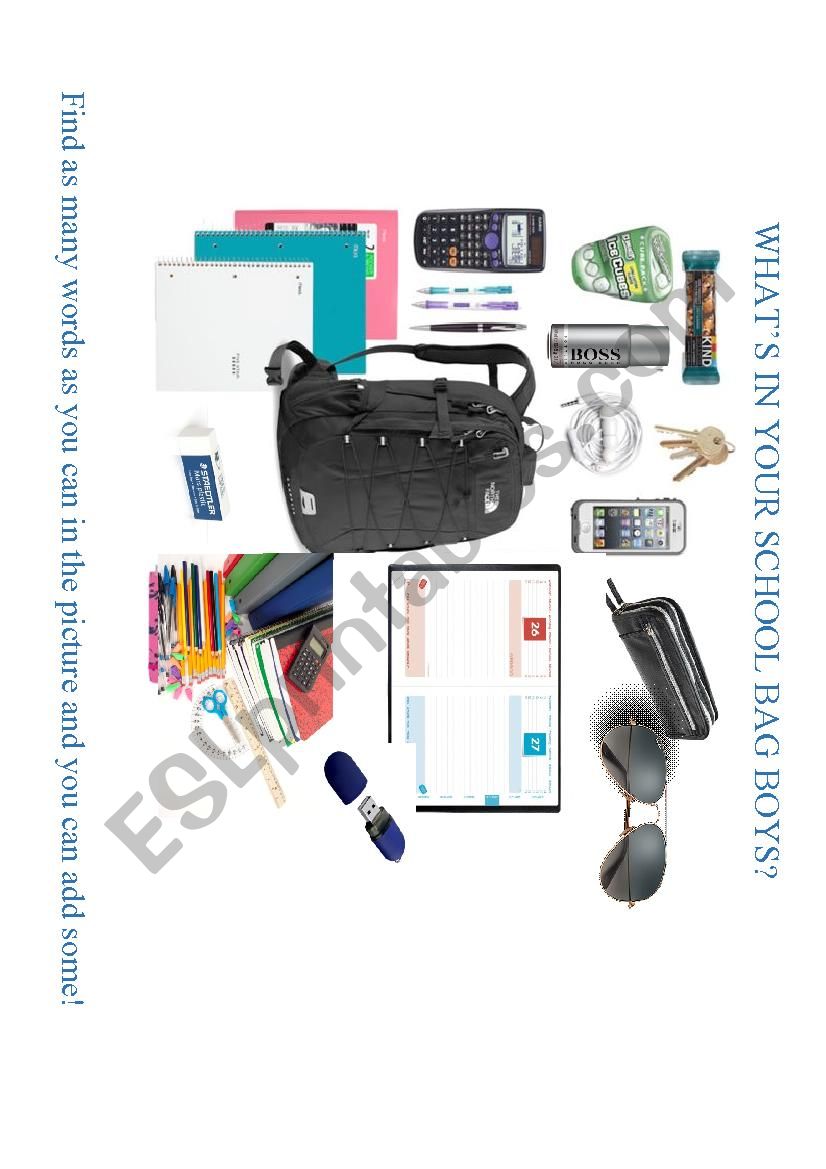 What´s in your school bag boys ? - ESL worksheet by lami57