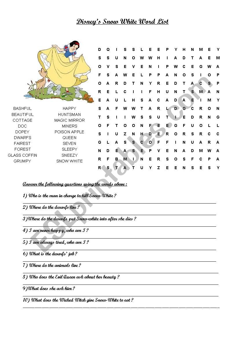 Disney´s Snow White worksheet - ESL worksheet by babel3469