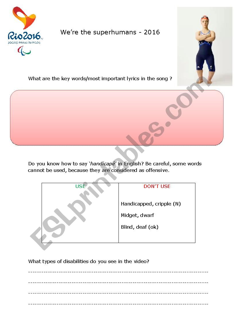 Olympics 2016, We´re the superhumans - ESL worksheet by Anlor