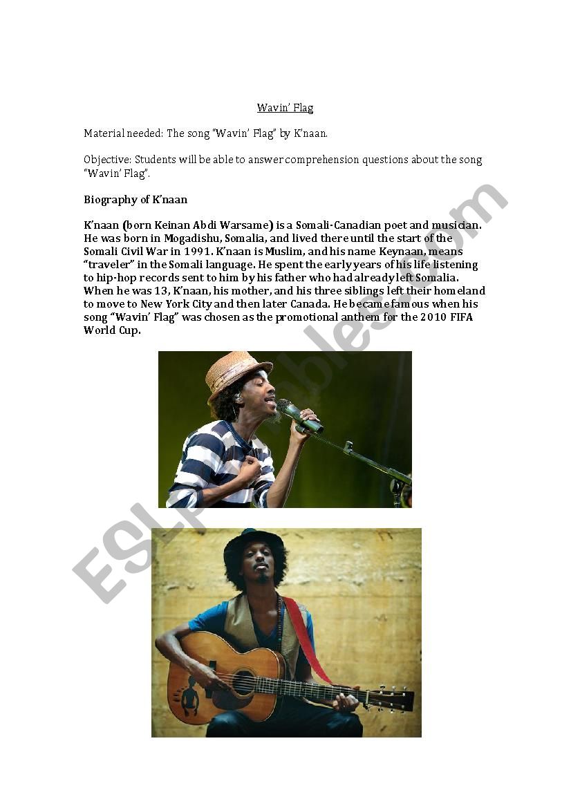 Wavin´ Flag by Knaan - ESL worksheet by rajames