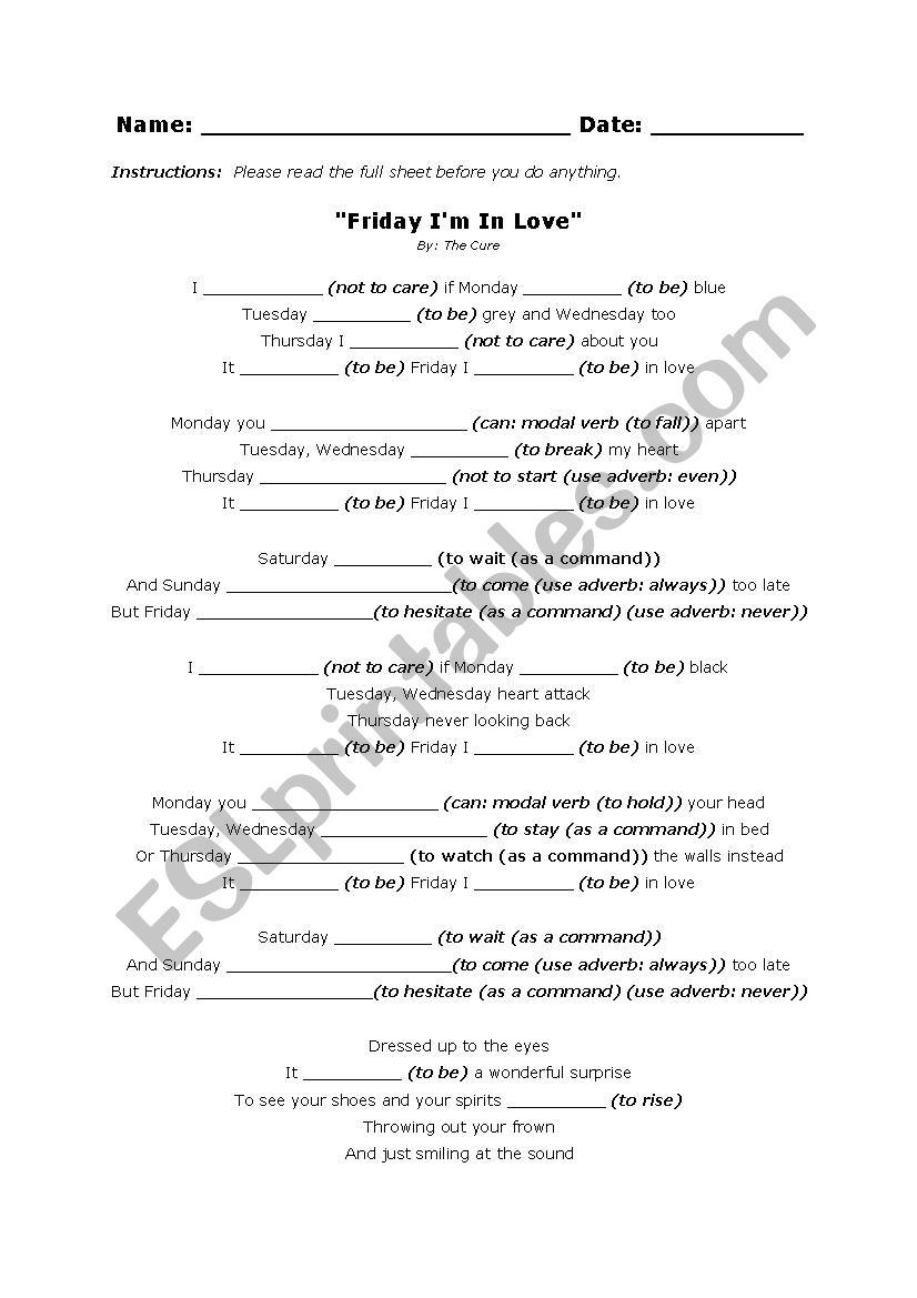 Friday I´m in love (Present Tense Activity) - ESL worksheet by MisterZea