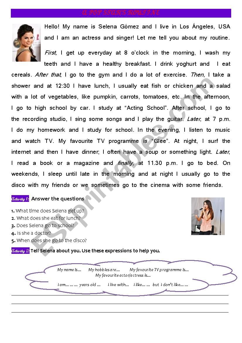 A POP STAR´S ROUTINE - ESL worksheet by Anto11